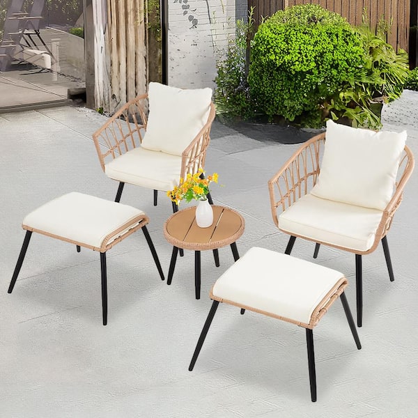Sudzendf 5-Piece Yellow Wicker Outdoor Bistro Set with Beige Cushion ...