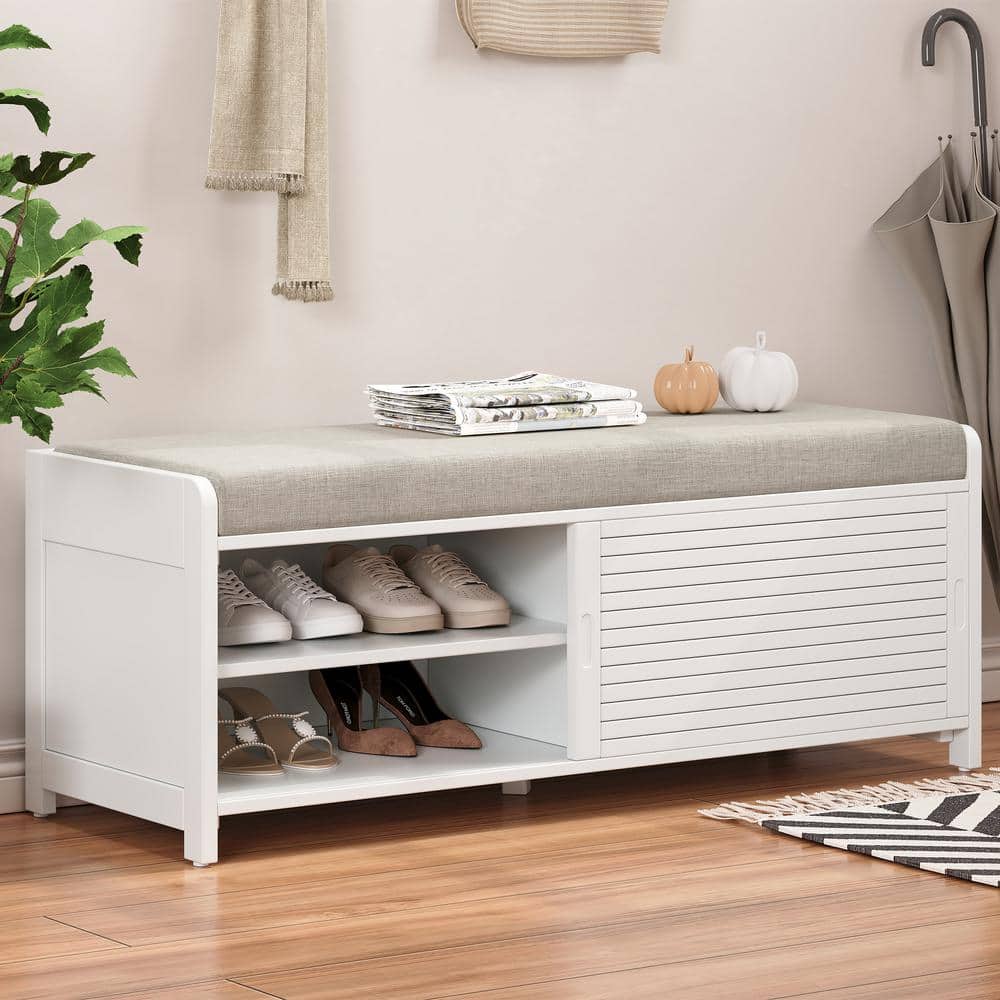 Qualler White Dining Bench without Back with Cushion and Acacia Veneer ...