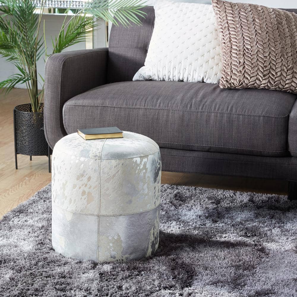 Litton Lane 17 in. Silver Handmade Leather Stool with Silver Foil Paint ...