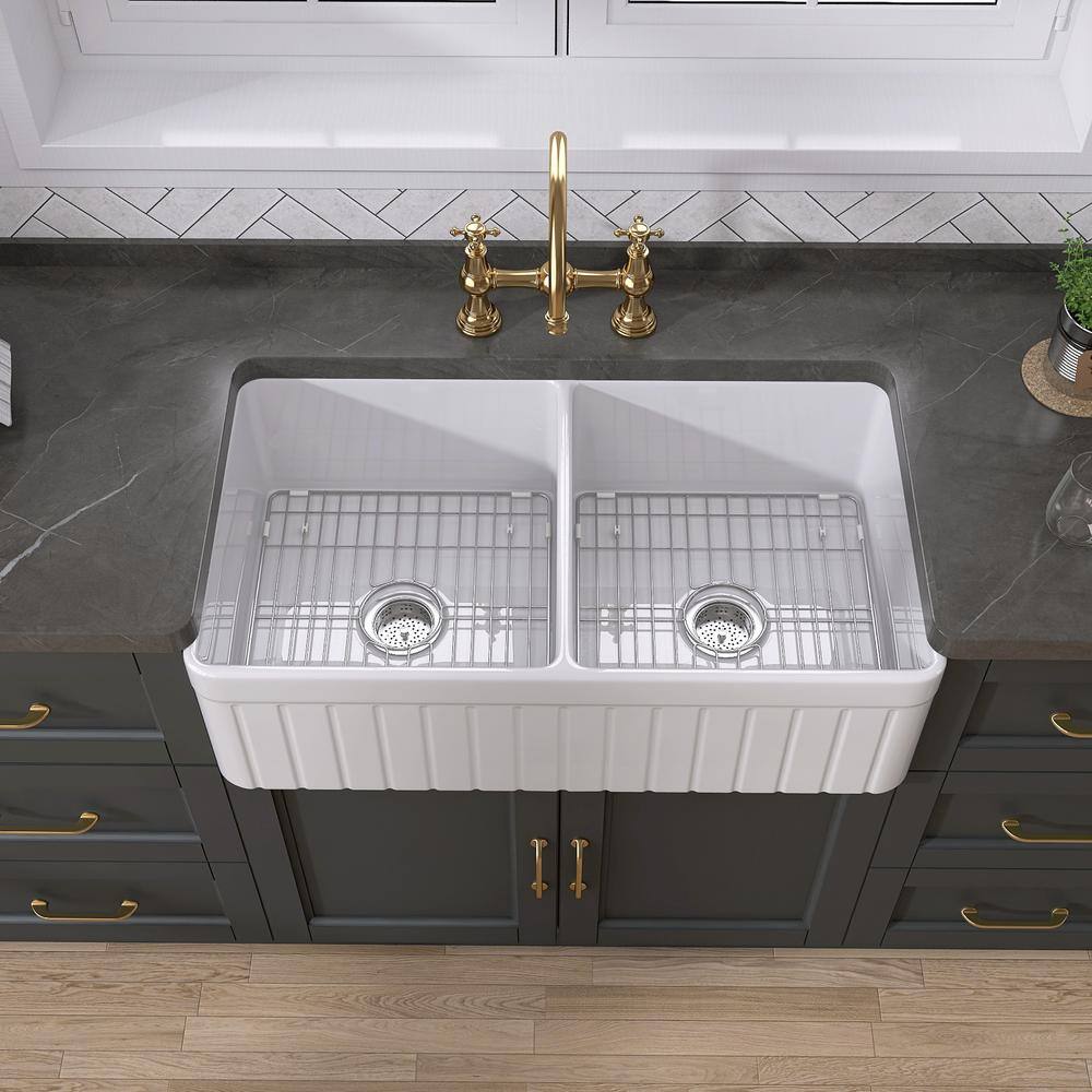Zeafive 33 in. Apron Front Farmhouse Sink Rectangular White Double Bowl ...
