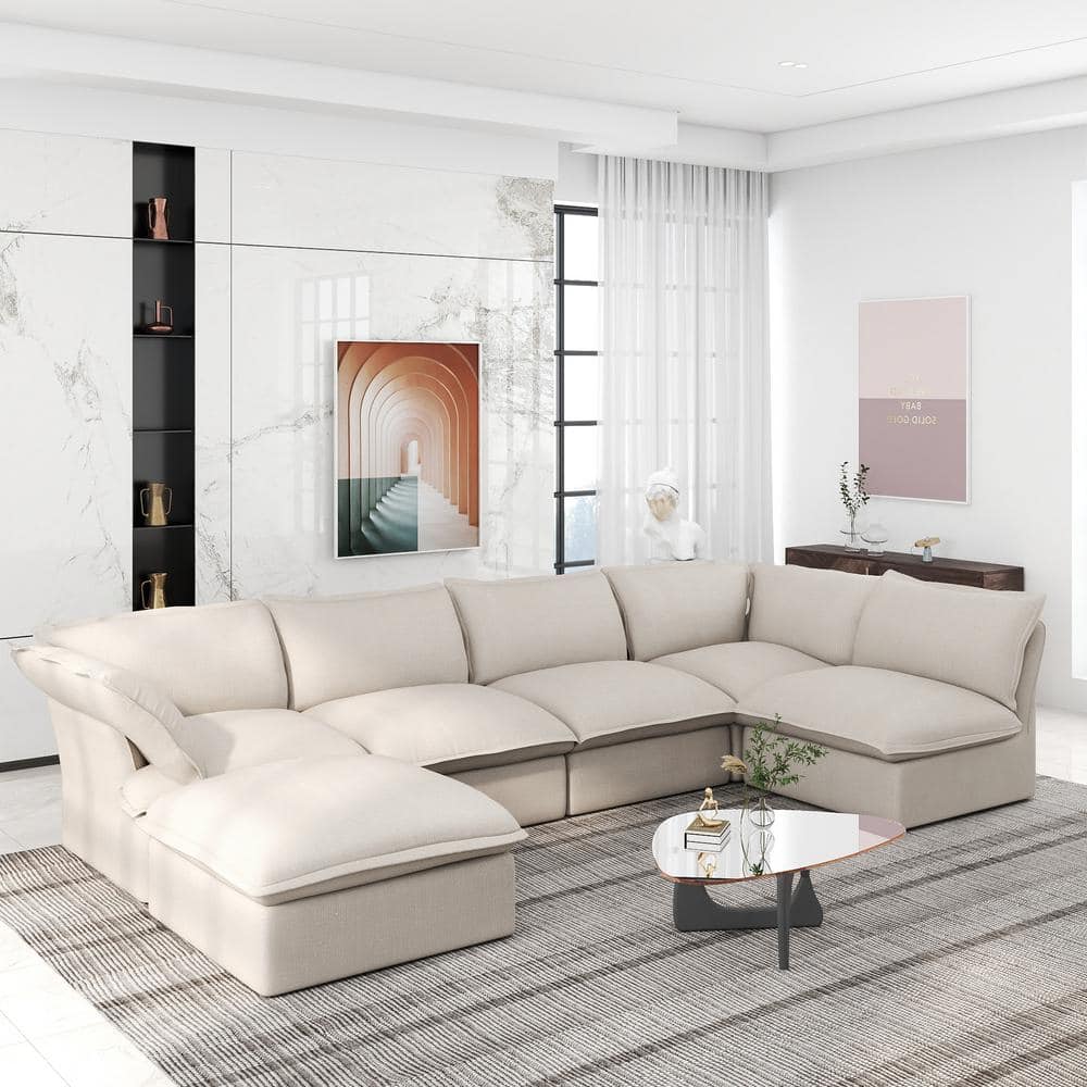Magic Home 163 in. Flared Arm 6 Piece Linen U shaped Overstuffed Deep Seat Sectional Sofa Cloud Couch with Storage Ottoman in Beige MH 120BE 5 1 The Home Depot