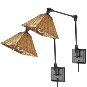 WINGBO Brass with Rattan Lamp Shade Swing Arm Wall Lamp (Set of 2) WBWL ...