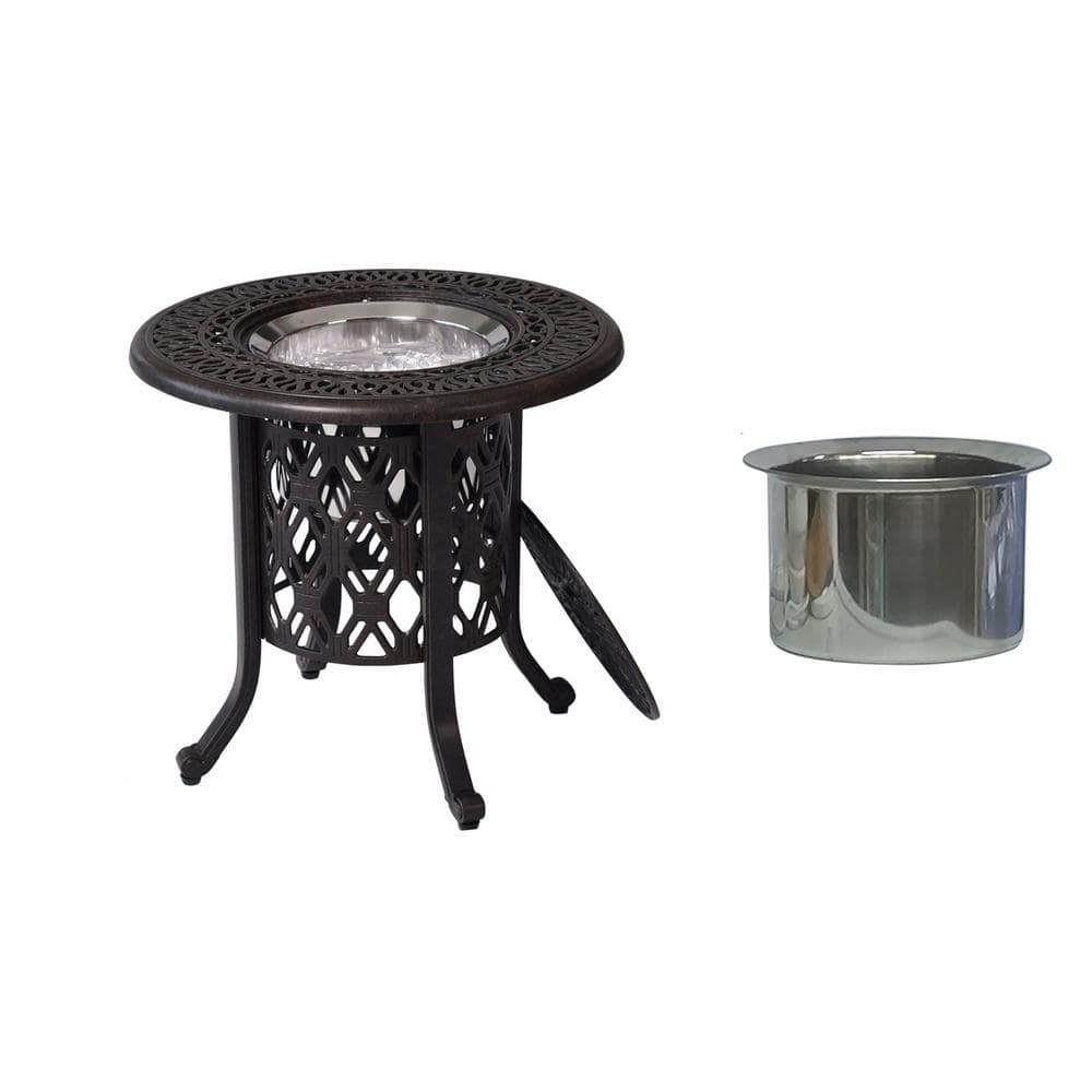 Cast Aluminum 21 in. Round Patio End Table w/ Ice Bucket Insert Desert ...