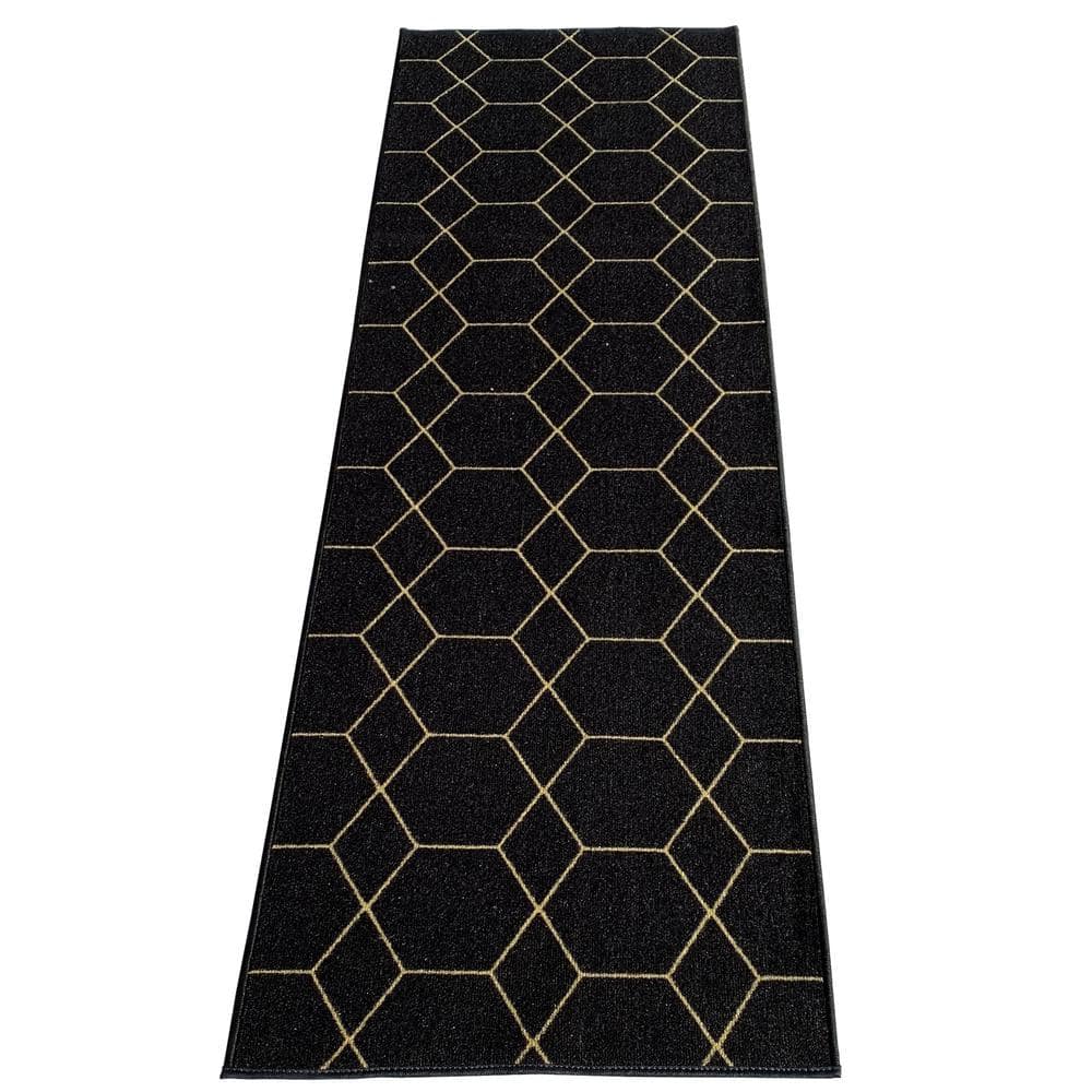 PLAYA RUG Hexagon Trellis Black 26 in. W x 14 ft. L Runner Rug/Stair ...