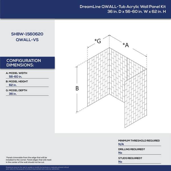 Com Help DreamLine QWALL Tub Backwall Kit – 56-60" W X 28-32" D X 60" H ...