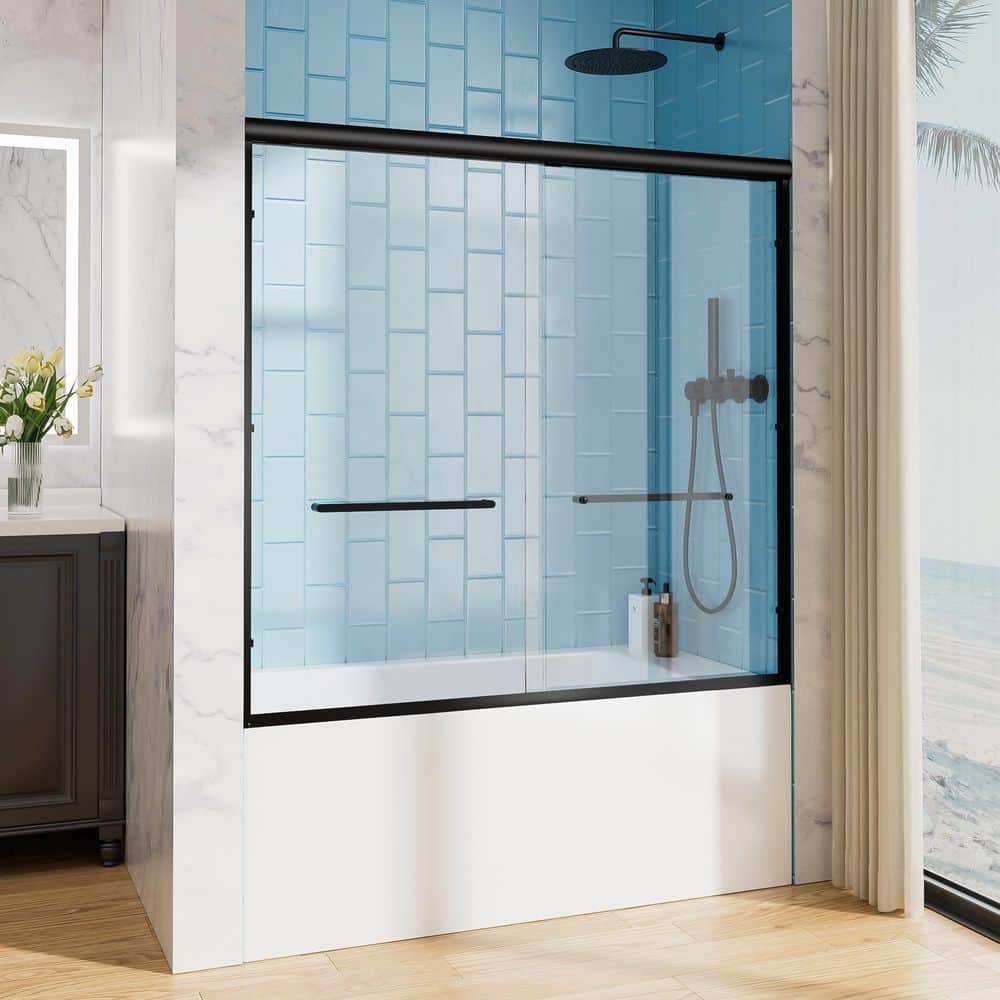 KPUY 60 in. W x 57 in. H Double Sliding Framed Tub Door in Matte Black ...