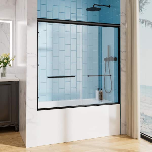 KPUY 60 in. W x 57 in. H Double Sliding Framed Tub Door in Matte Black ...