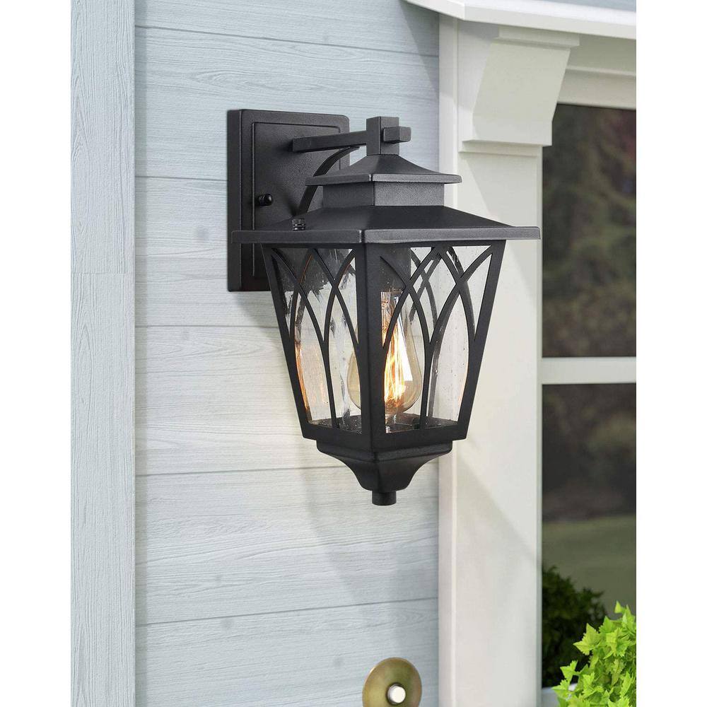JAZAVA 1-Light Black Hardwired Outdoor Wall Lantern Sconce with Seeded ...