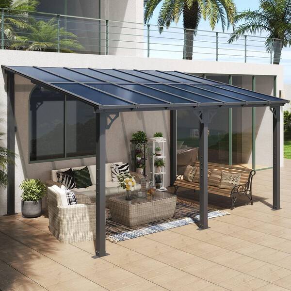 Sizzim 14 ft. x 10 ft. Black Wall-Mounted Aluminum Pergola, Patio ...