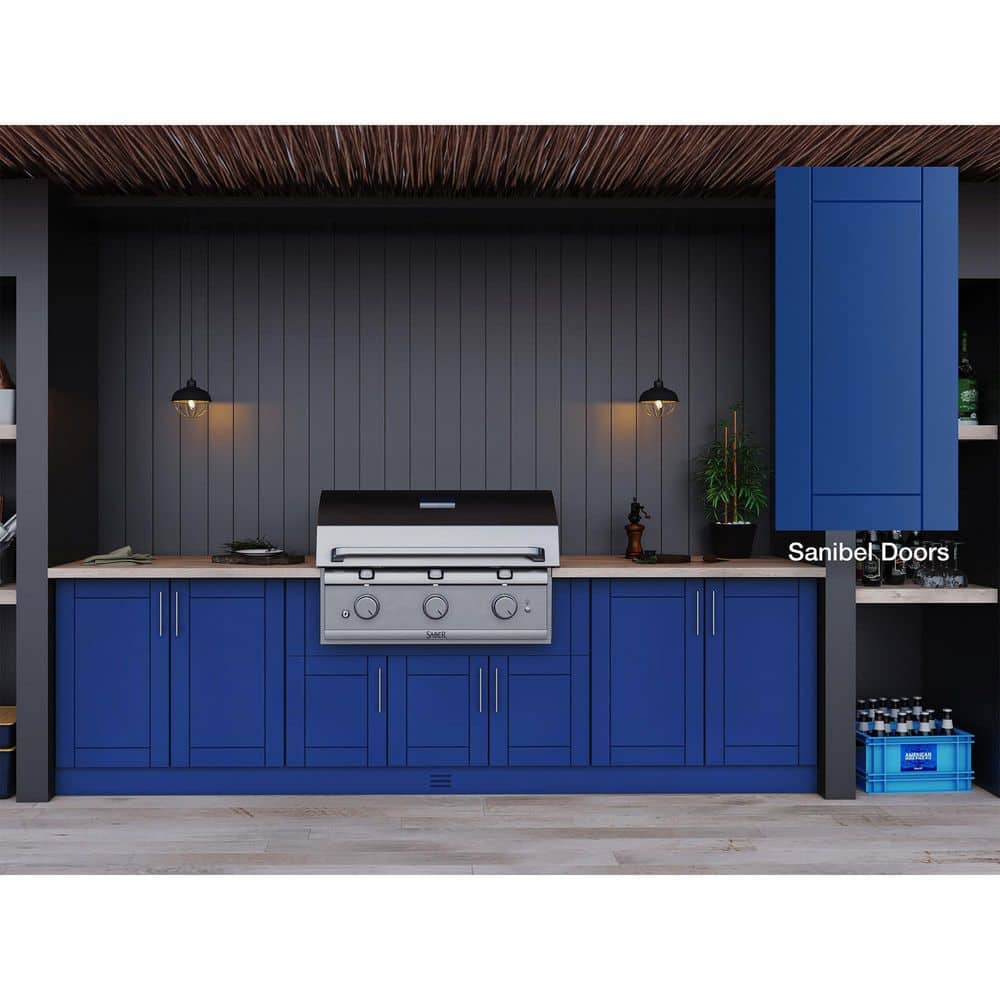 WeatherStrong Sanibel Reef Blue 17-Piece 121.25 in. x 34.5 in. x 28 in. Outdoor Kitchen Cabinet ...
