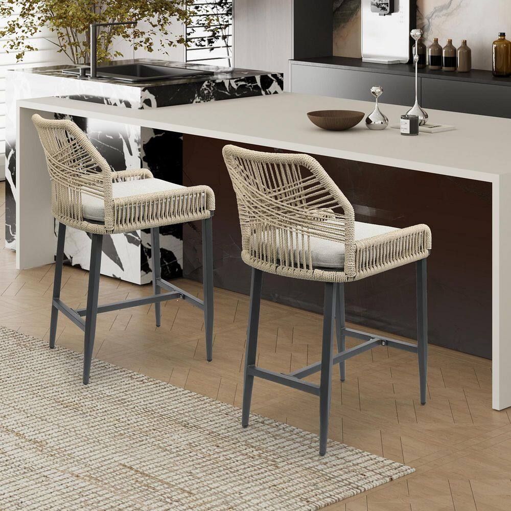 FHVIT Wicker Outdoor Bar Stools with Armrests Patio Bar Height Chairs ...