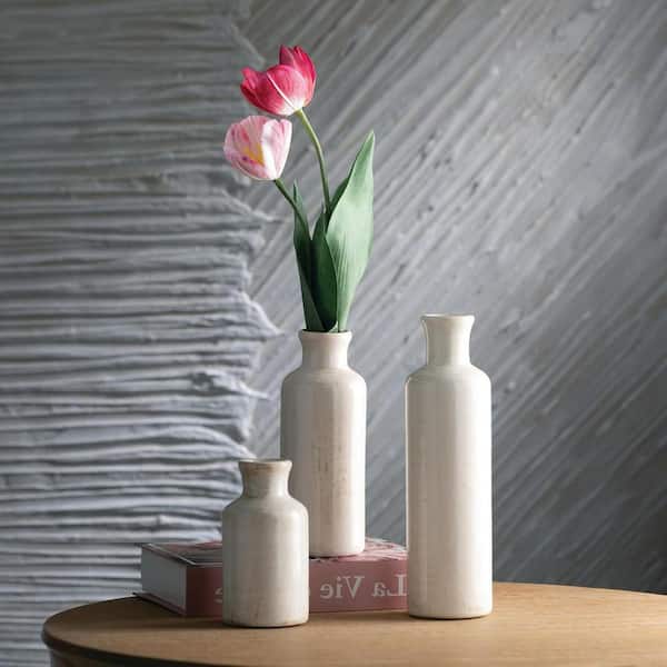 Distressed White 3 in. x 10 in. Ceramic Modern Decorative Vase, (Set of ...