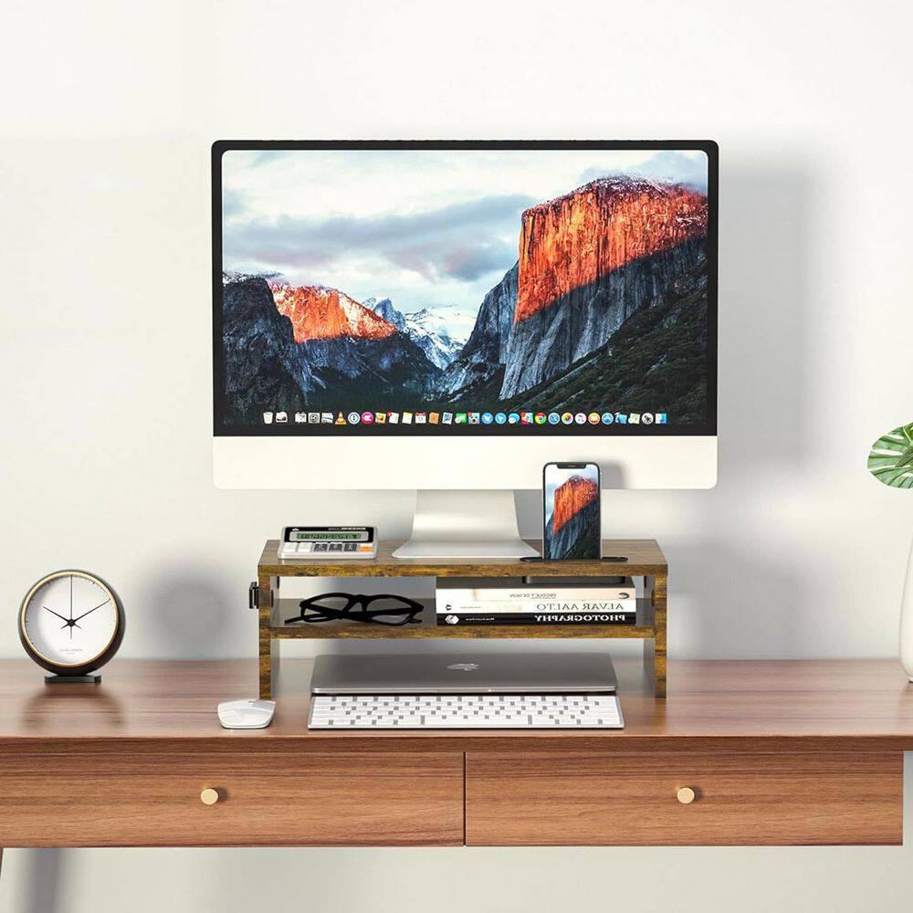 Vintage Brown 16.5 in. x 5.5 in. Wood Minimal 2-Tier Desk Organizer ...