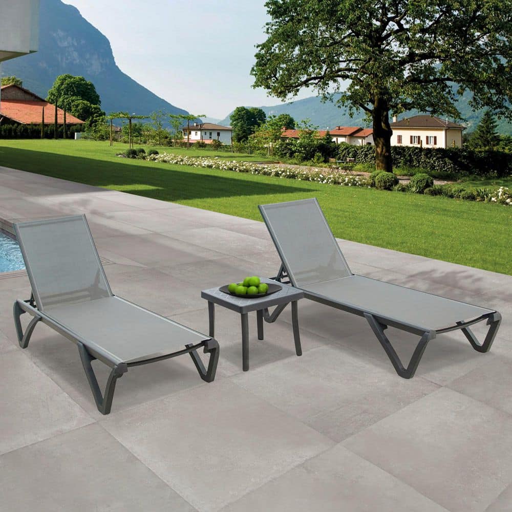 Gray 3-Piece Metal Outdoor Chaise Lounge, Patio Aluminum Lounge Chairs ...