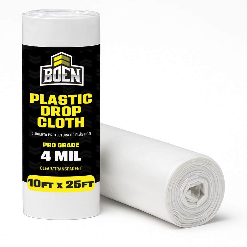 BOEN Painters Plastic Sheeting 10 ft. x 25 ft. 4 Mil Clear Plastic Drop ...