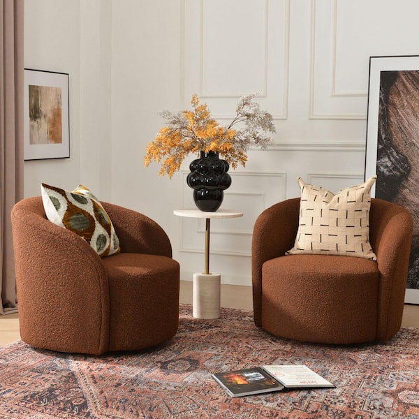 KINWELL 34 in. W Dark Brown Boucle Upholstered Barrel Chair with Swivel ...