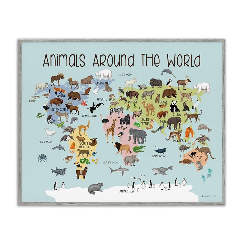 Stupell Industries Animals Around The World Map by Stephanie Workman ...