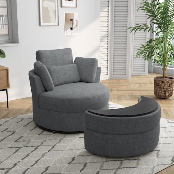 Uixe Gray Chenille Upholstered Swivel Accent Barrel Chair with Storage Ottoman and Pillows Set of 1 FOP CH0044 QGY The Home Depot