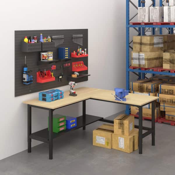 72 in. W L-shaped Heavy Duty Workbench with Rubber Wood Tabletop ...