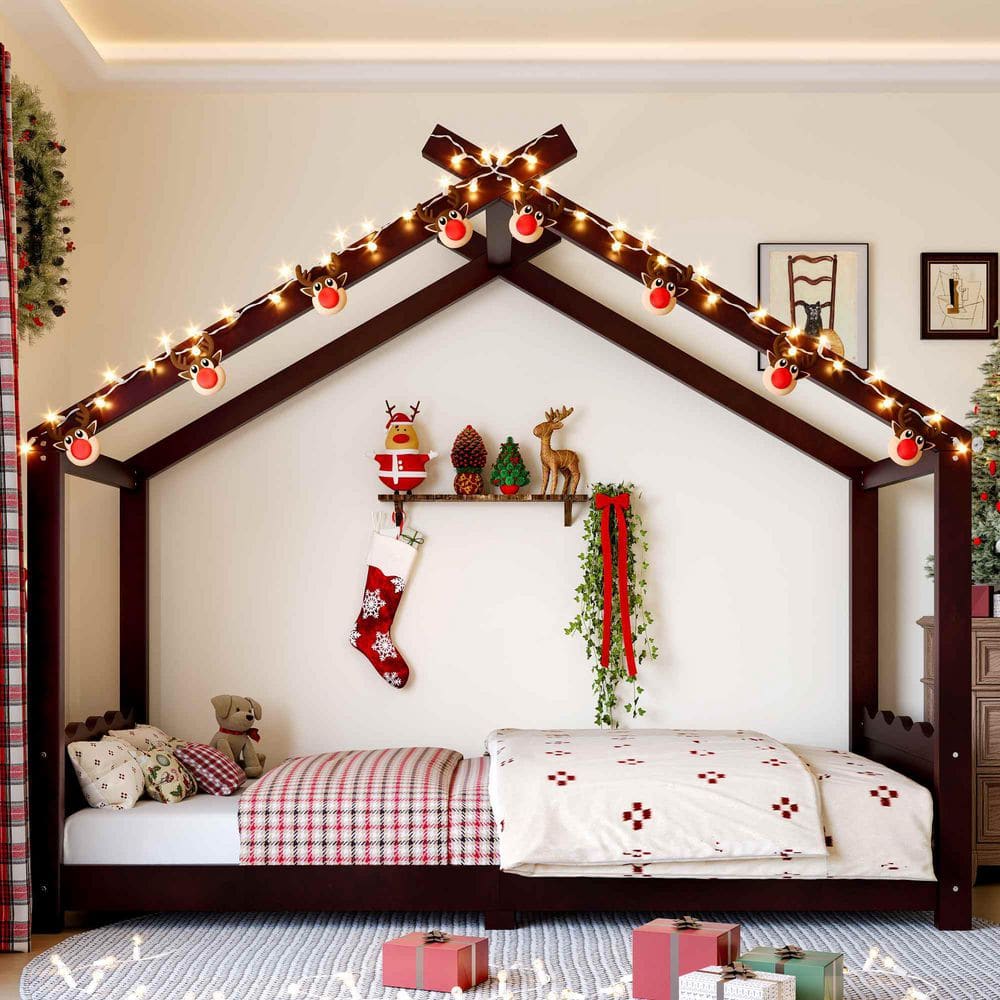 Polibi Brown Pine Wood Frame Twin Platform Bed with Support Slats ...