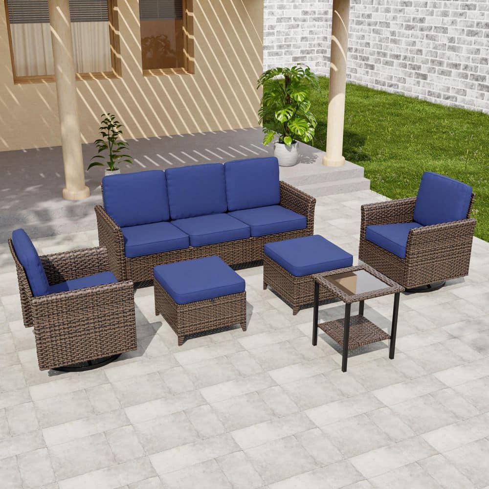 COOS BAY Brown Rattan Wicker 6-Piece Outdoor Patio Conversation Set with Blue Cushions, Side ...