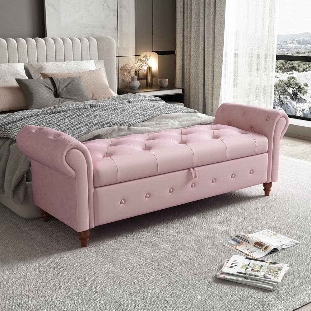 Harper & Bright Designs Pink Tufted Armed Storage Bedroom Bench 24.4 in ...