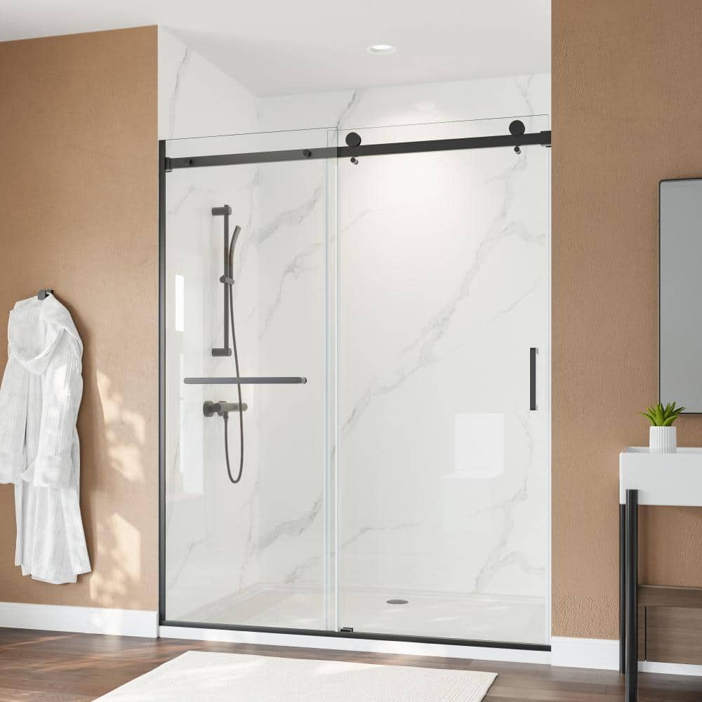 HMMHVV 60in. W x 75in. H Matte Black Frameless Stainless Steel Bathroom ...