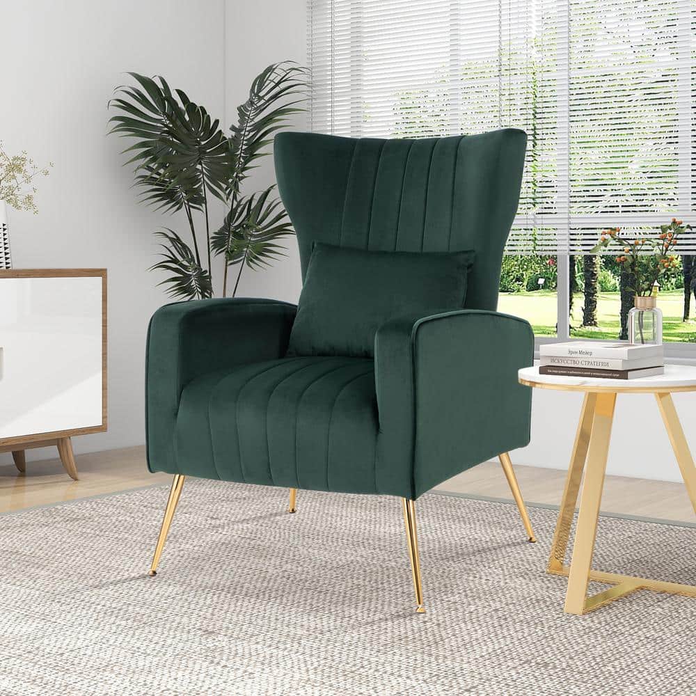 FORCLOVER Turquoise Velvet Upholstered Wingback Arm Chair with Lumbar ...