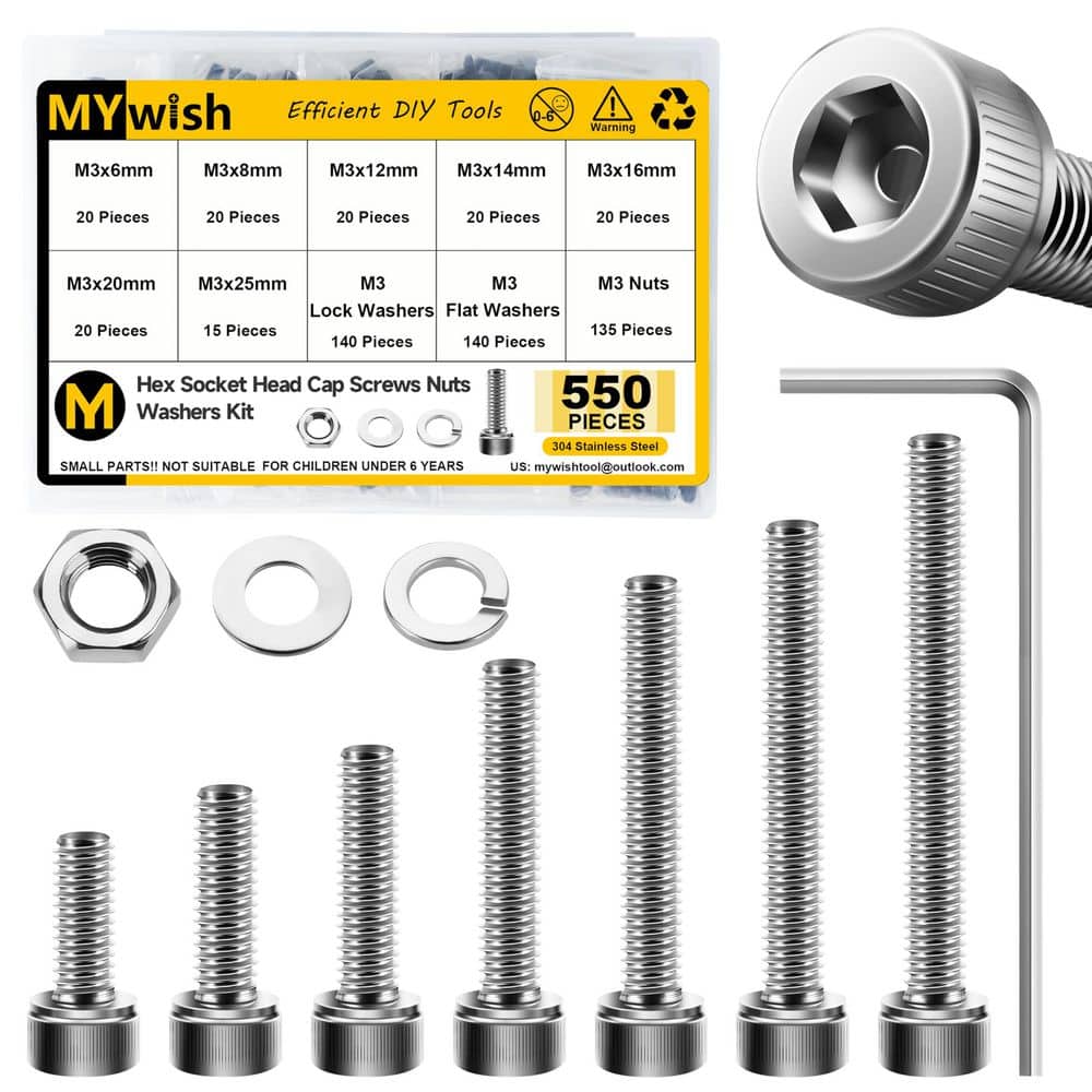 MYWISH 550-Piece M3 Hex Socket Cap Screws and Nuts Kit, 304-Stainless ...