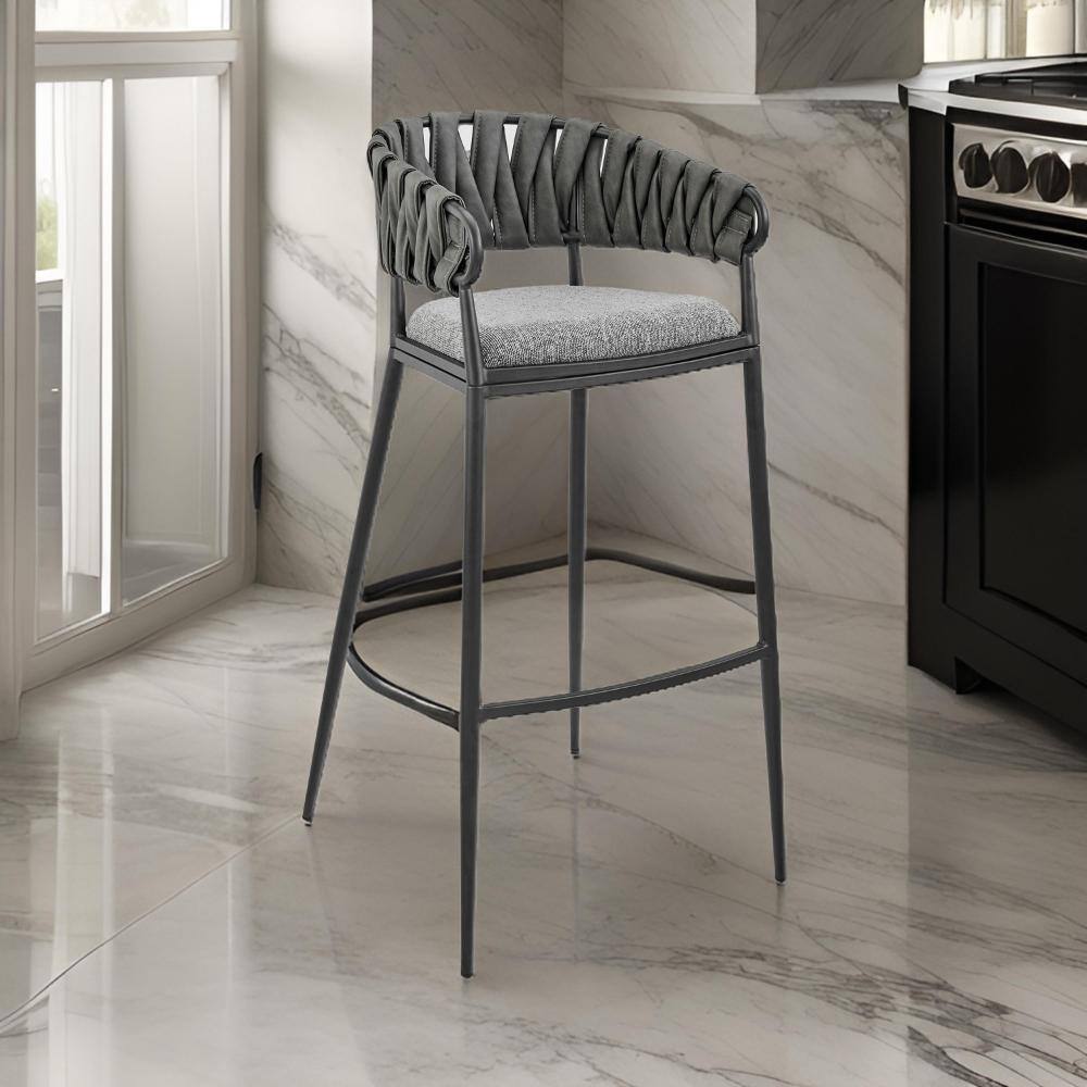 Benjara 26 in. Gray and Black Low Back Metal Frame Bar Stool with Faux ...