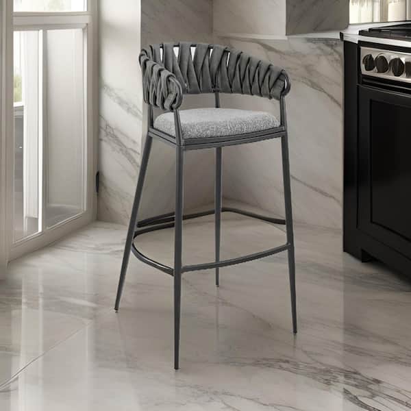 Benjara 26 in. Gray and Black Low Back Metal Frame Bar Stool with Faux ...