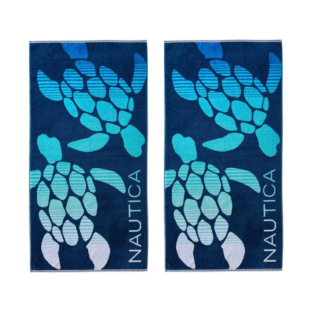 Nautica Turtle Beach 2-Piece Azure Blue Cotton Blend Beach Towel Set ...