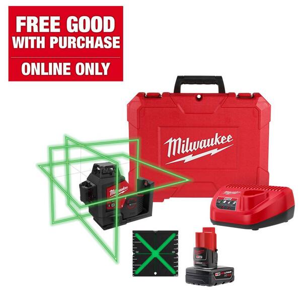 Milwaukee M12 12-Volt Lithium-Ion Cordless Green 250 ft. 3-Plane Laser ...