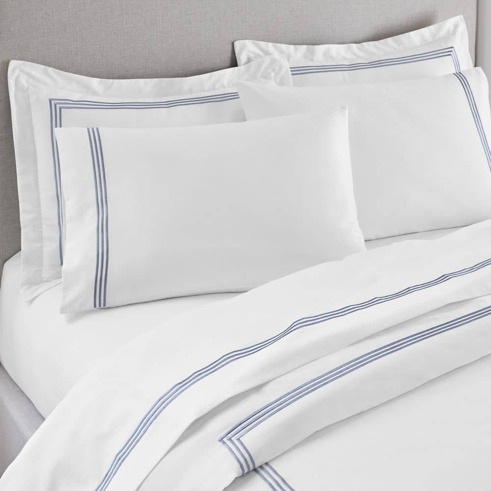 Home Decorators Collection 300 Thread Count Cotton White and Steel Blue ...