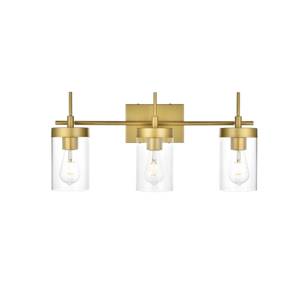 Simply Living 24 in. 3-Light Modern Brass Vanity Light with Clear ...