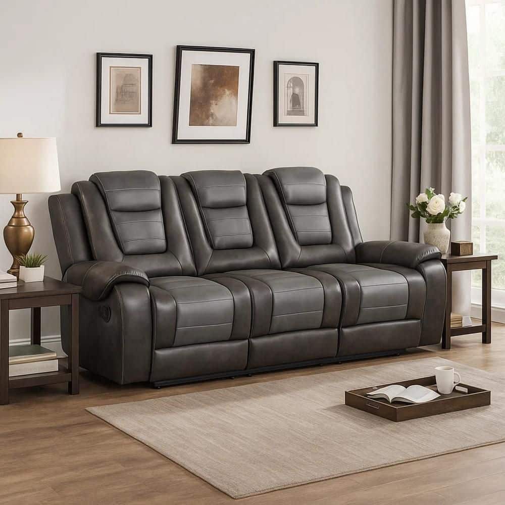 Benjara Istro 80.5 in. Rolled Arm Faux Leather Rectangle Dual Manual ...
