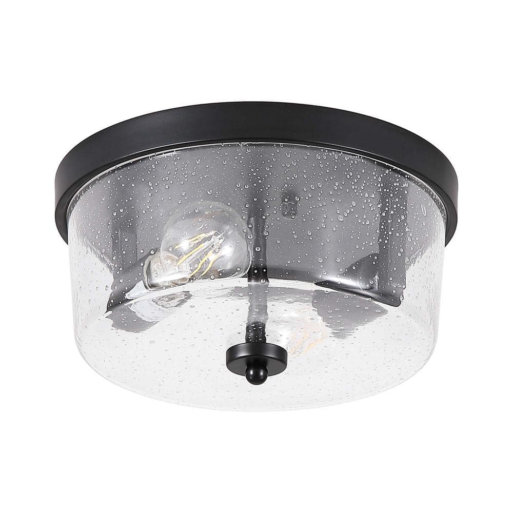 HKMGT 10.63 in. 2-Light Black Farmhouse Flush Mount with Seeded Glass Shade and No Bulbs ...