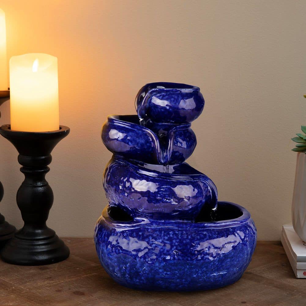 Glitzhome 11.75 in. H 4-Tiered Ceramic Cobalt Blue Table Fountain with ...