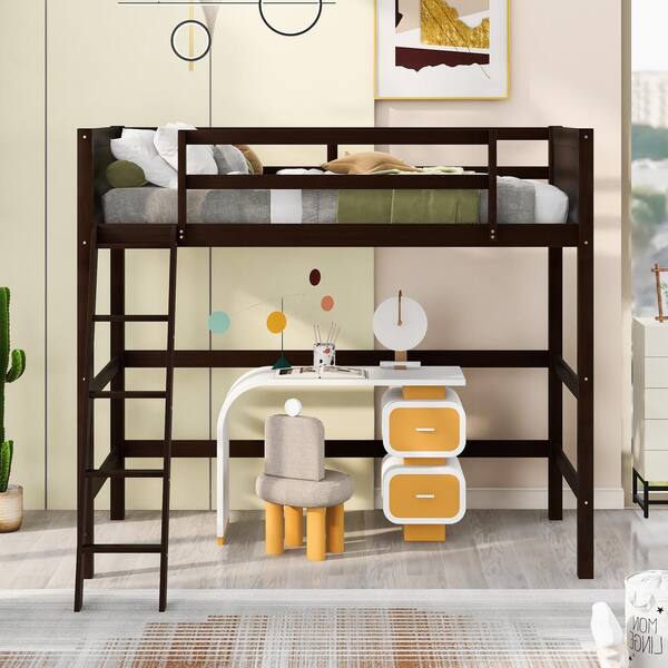 Harper Bright Designs Espresso Wood Frame Twin Size Loft Bed with Sloping Ladder Placing in Left or Right Full Length Guardrails QMY191AAP The Home Depot