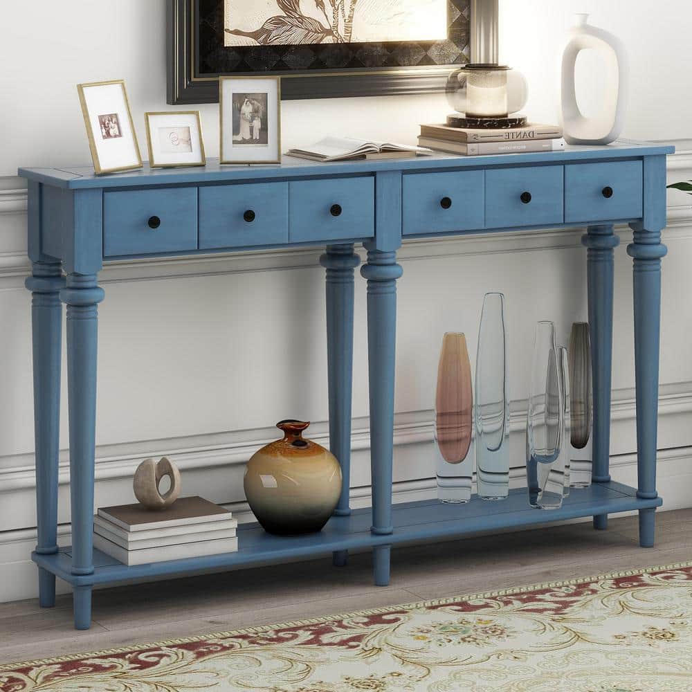 Qualler 59.8 in. Navy Blue Rectangle MDF Console Table with 4-Drawers ...