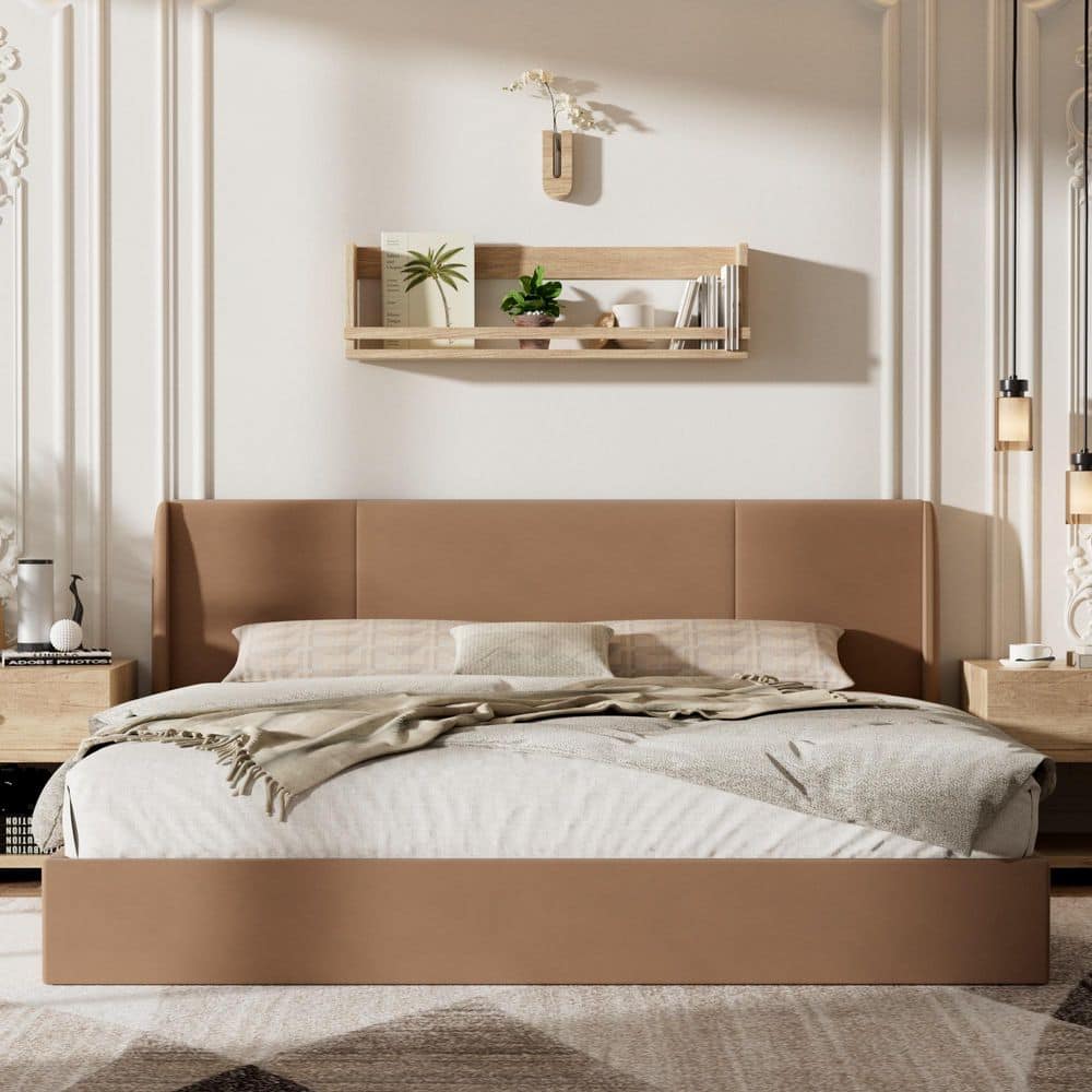 Ahokua Brown Frame King Size Wingback Upholstered Platform Bed with ...