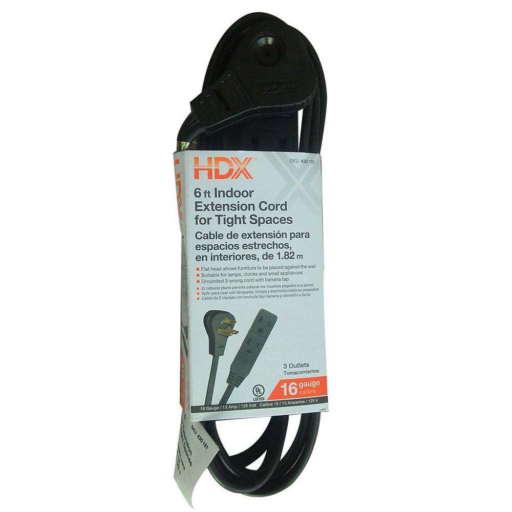 HDX 6 ft. 16/3 Indoor Tight Space Cube Tap Extension Cord, Black ...