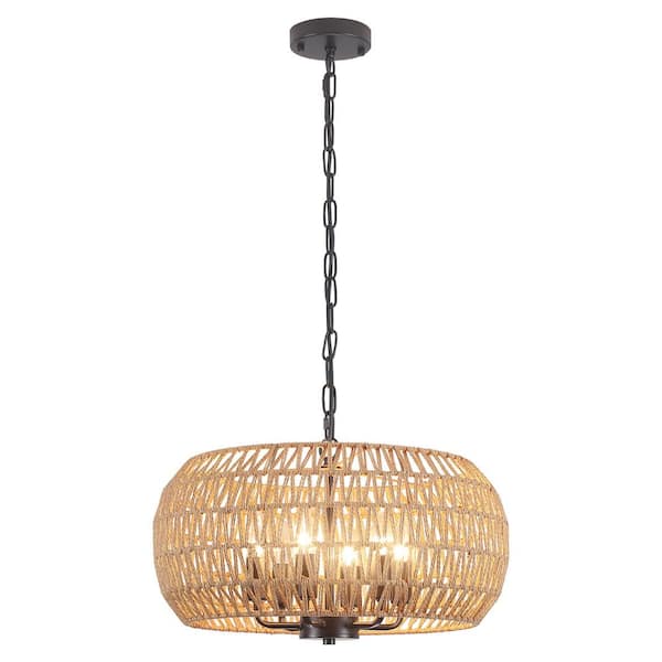 LWYTJO 6-Light Black Rattan Farmhouse Chandelier with Hand Woven Shade ...
