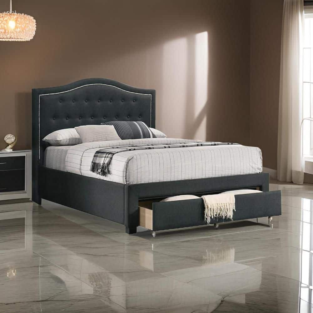 Benjara Buk Charcoal Gray Wood Frame King Size Platform Bed with Tufted ...