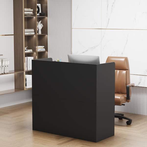 FUFU GAGA 47.2 in. Rectangle Black Wood Writing Desk Reception Desk Executive Computer Workstation W Lockable Drawers Cabinet KF210126 02 c