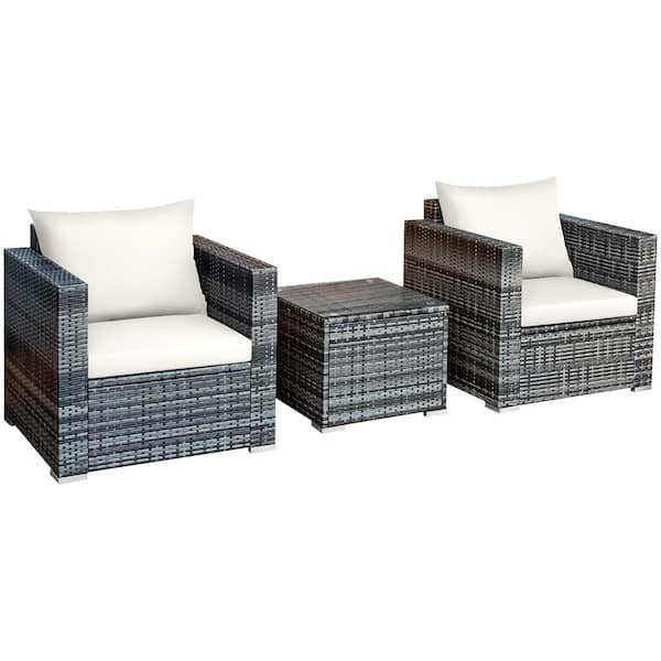 Costway Gray 3 Piece Wicker Square 16 in. Outdoor Bistro Set with White Cushions GHM0516WH The Home Depot