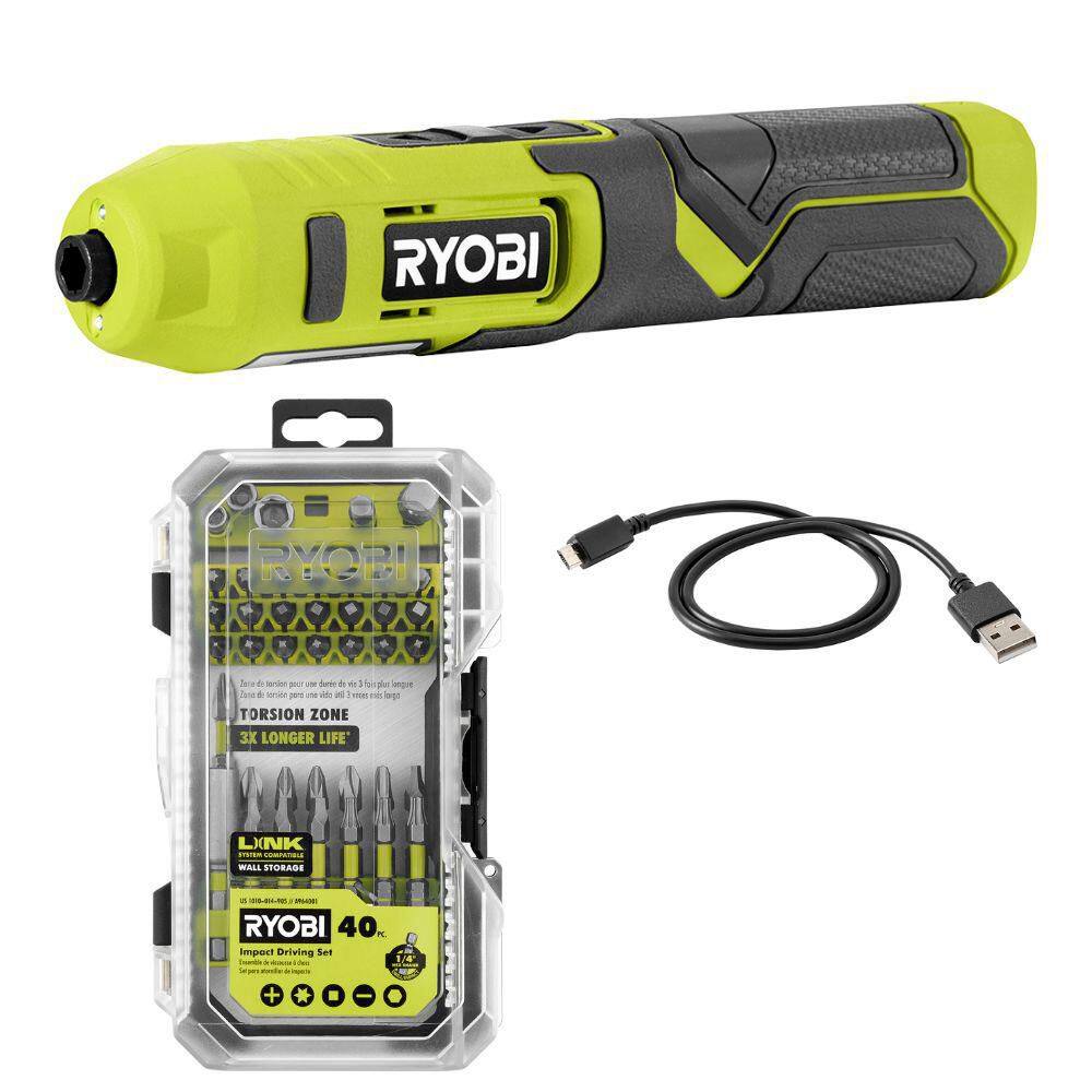 RYOBI 4V Cordless 1/4 in. Screwdriver with Impact Rated Driving Set (40 ...
