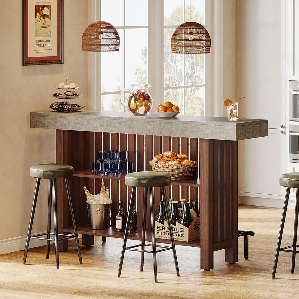 Kearsten Rectangle Gray Brown 63 in. Corner Bar Home Table with Storage ...