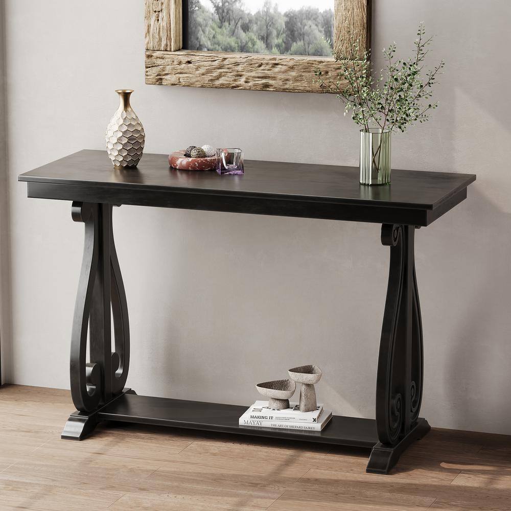 2-Tier 48 in. Black Rectangle Rubber Wood Console Table with Open Shelf ...