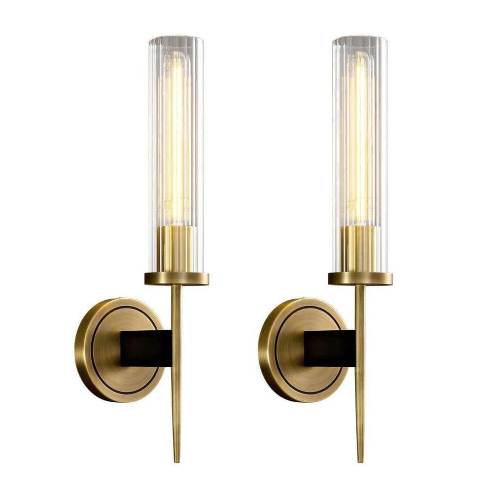 Gleam Flare 17.7 in. 1-Light Gold Wall Sconce with Texture Glass Shade ...
